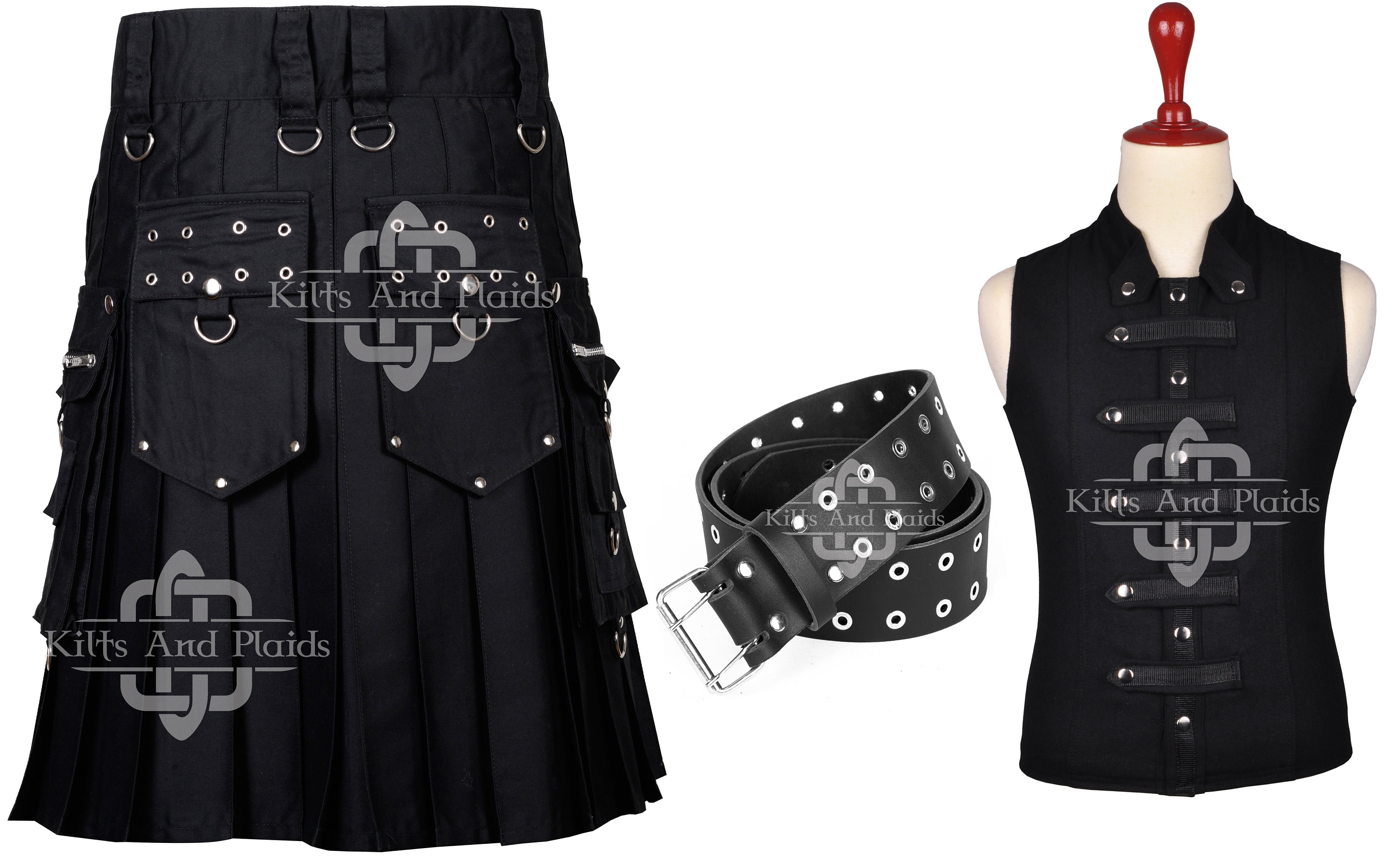 Black Cotton Utility Kilt Punk Rock Kilt Gothic Waistcoat - Etsy
