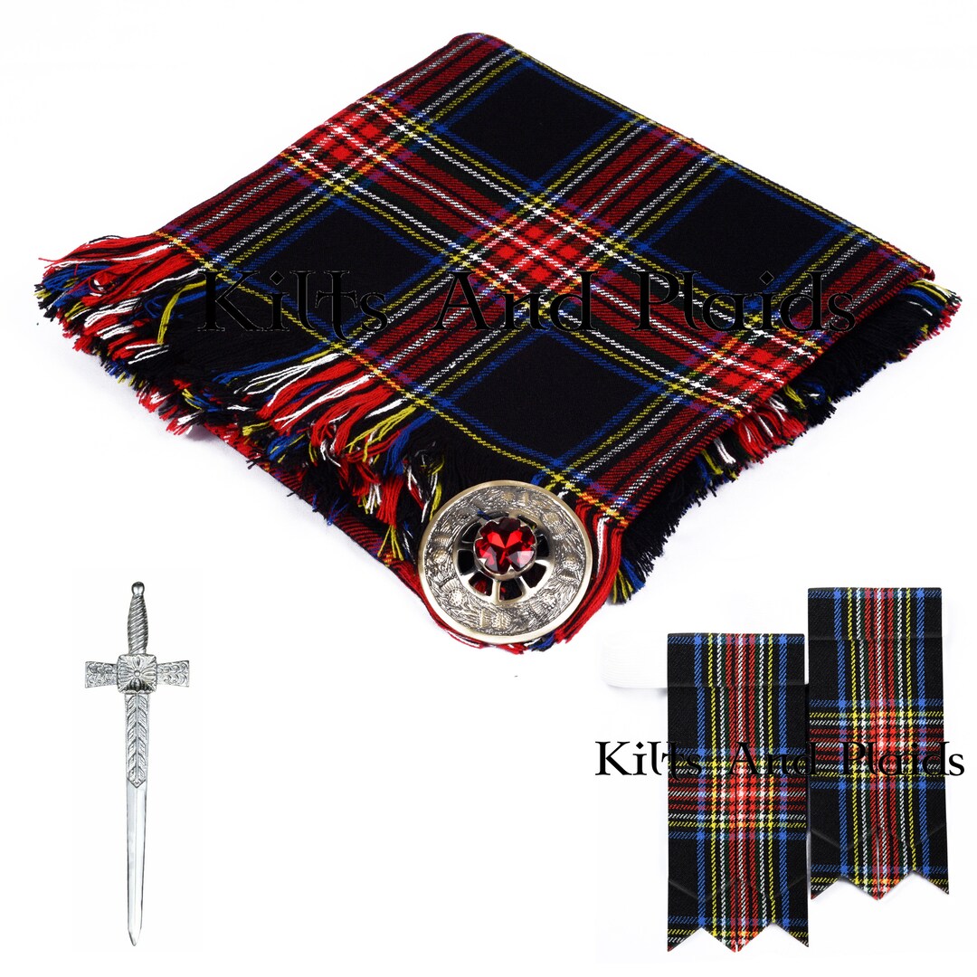 Black Stewart Kilt Accessories Package - Scottish Tartan Fly Plaid ...