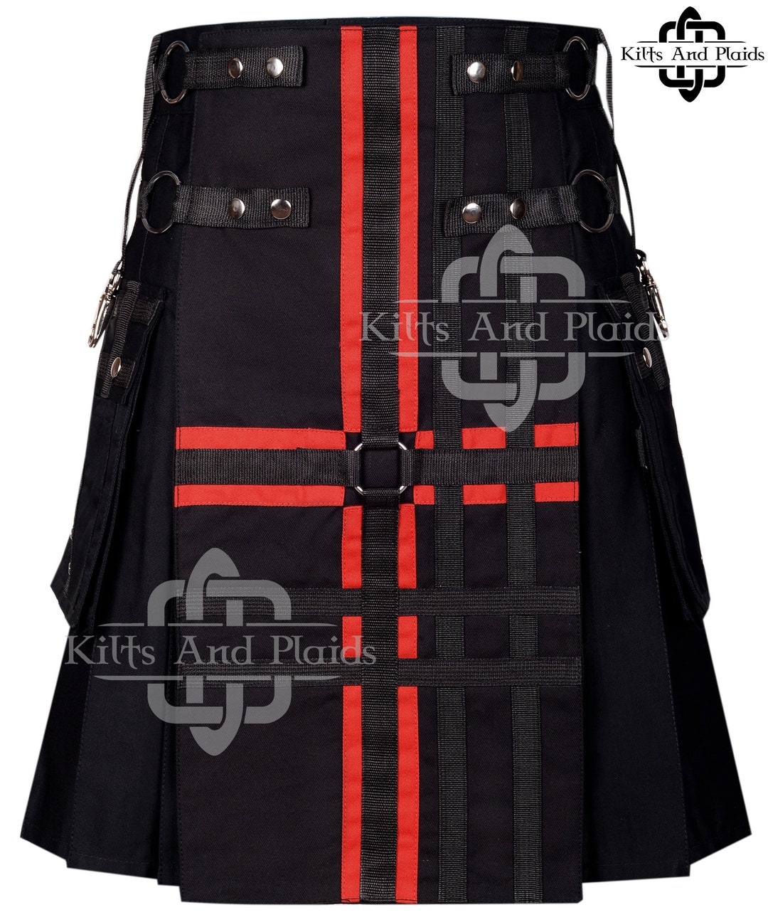 Red and Black Cotton Gothic Hybrid Utility Kilt for Men - Kilted Throng ...