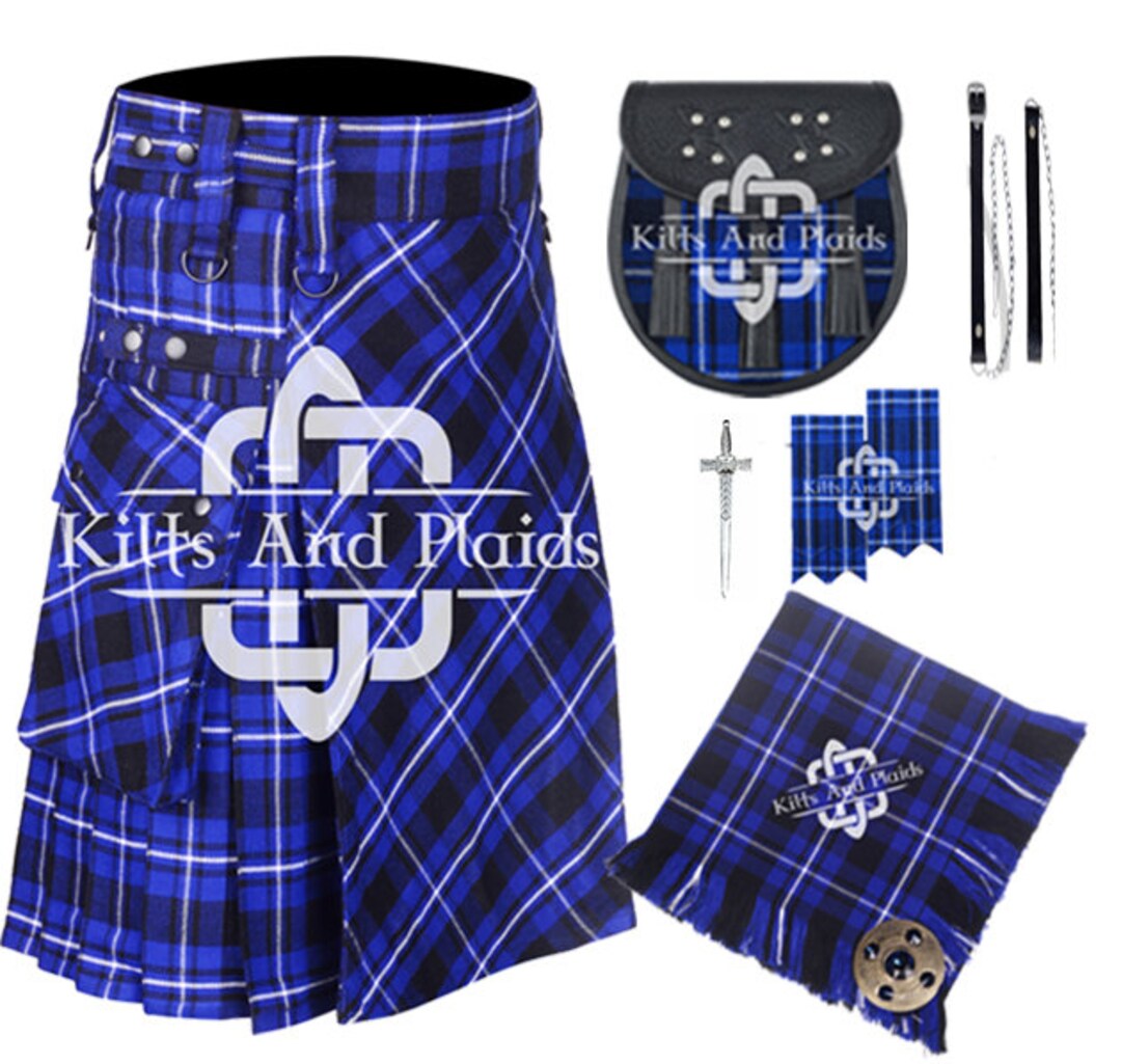 RAMSEY BLUE Tartan Scottish Utility Bias Apron Kilt With Free Tartan ...