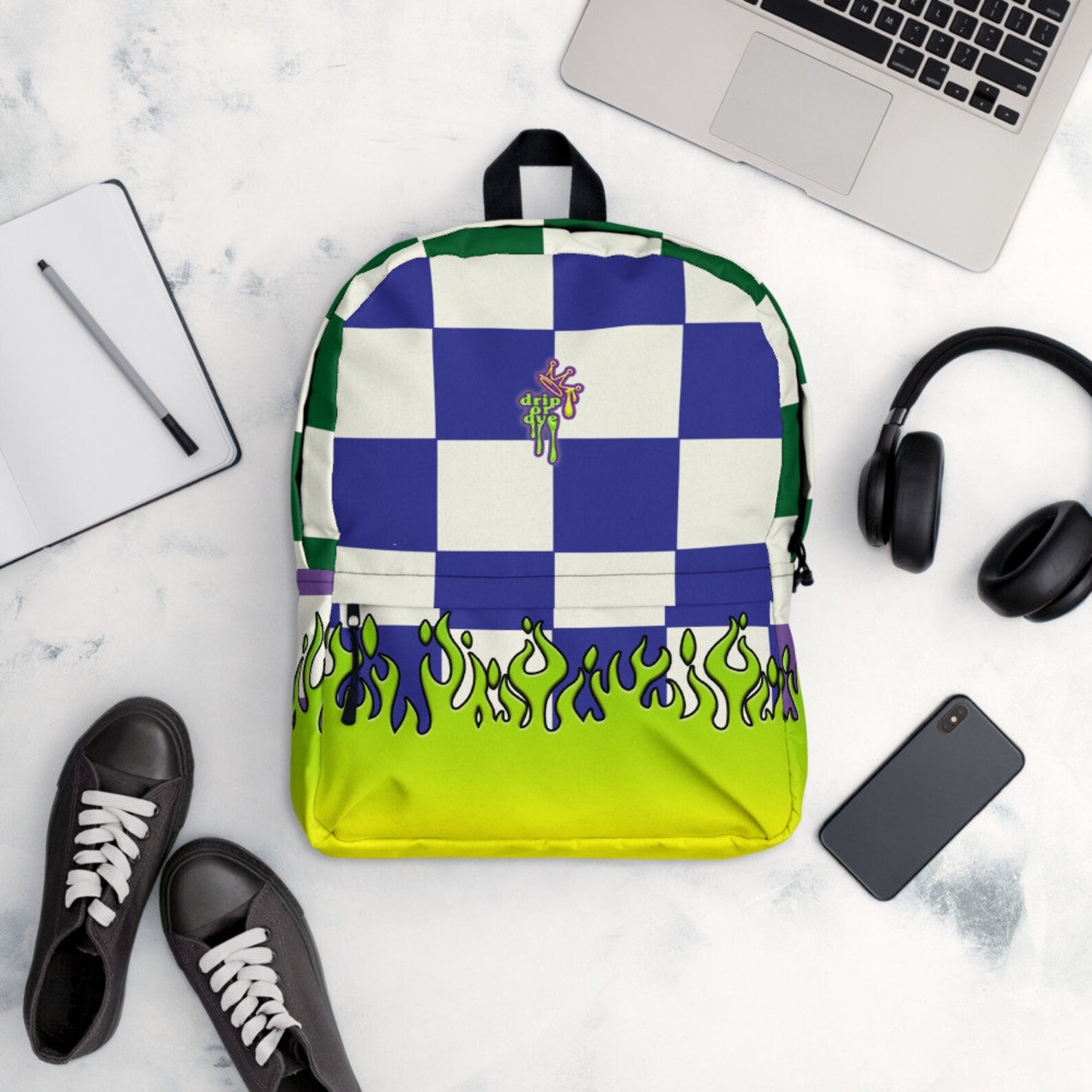 DRIP OR DYE Checker Flames Color Block Backpack Alien Green Royal Blue ...