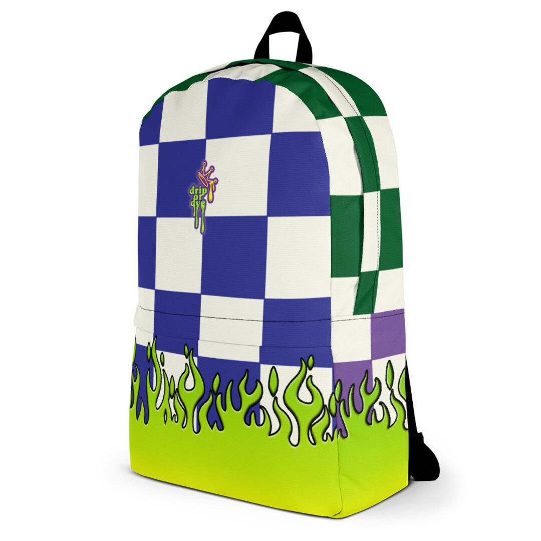 DRIP OR DYE | Checker Flames Color Block Backpack Alien Green Royal ...