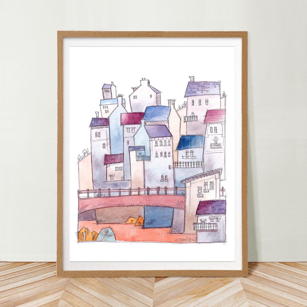 Purple Town Watercolor Printable – Hand-painted Rustic Urban Art - Etsy