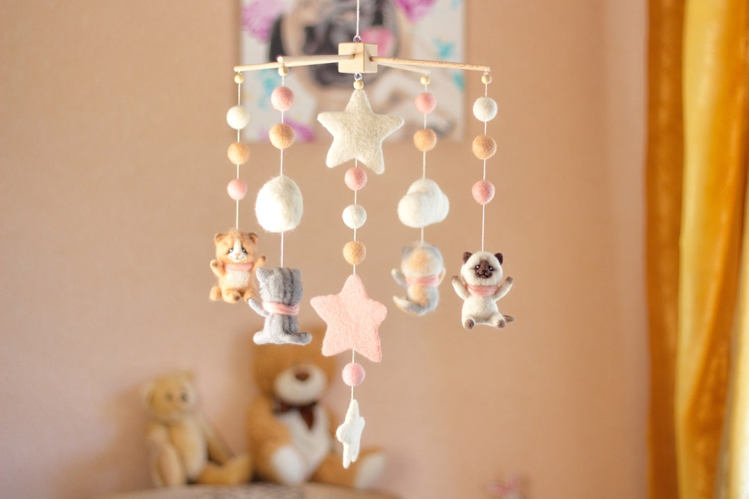 Сustomized Felted Baby Mobile. Nursery Felted Mobile With Cats ...