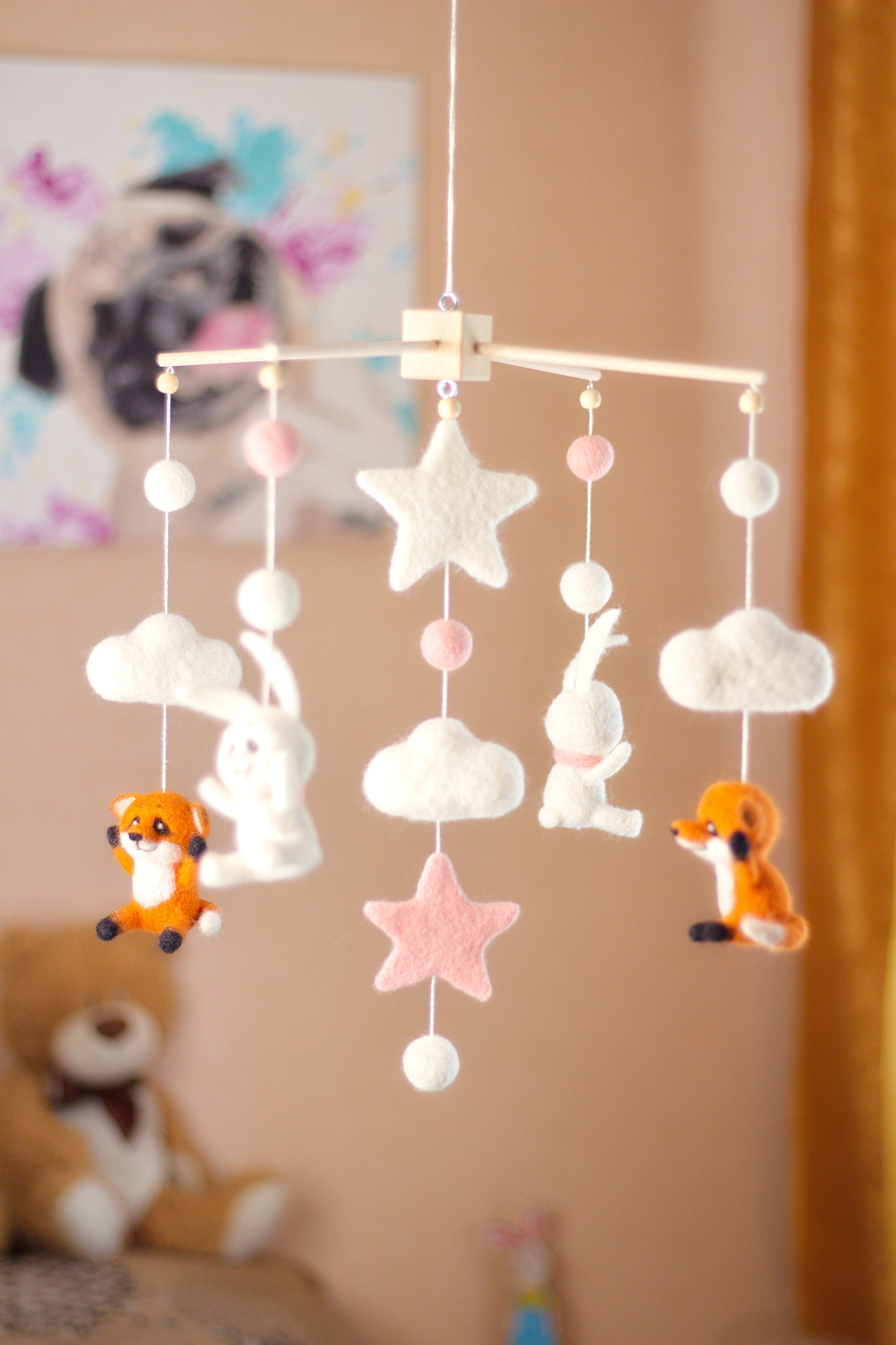 Baby mobile. Nursery felting mobile with rabbits and foxes. | Etsy