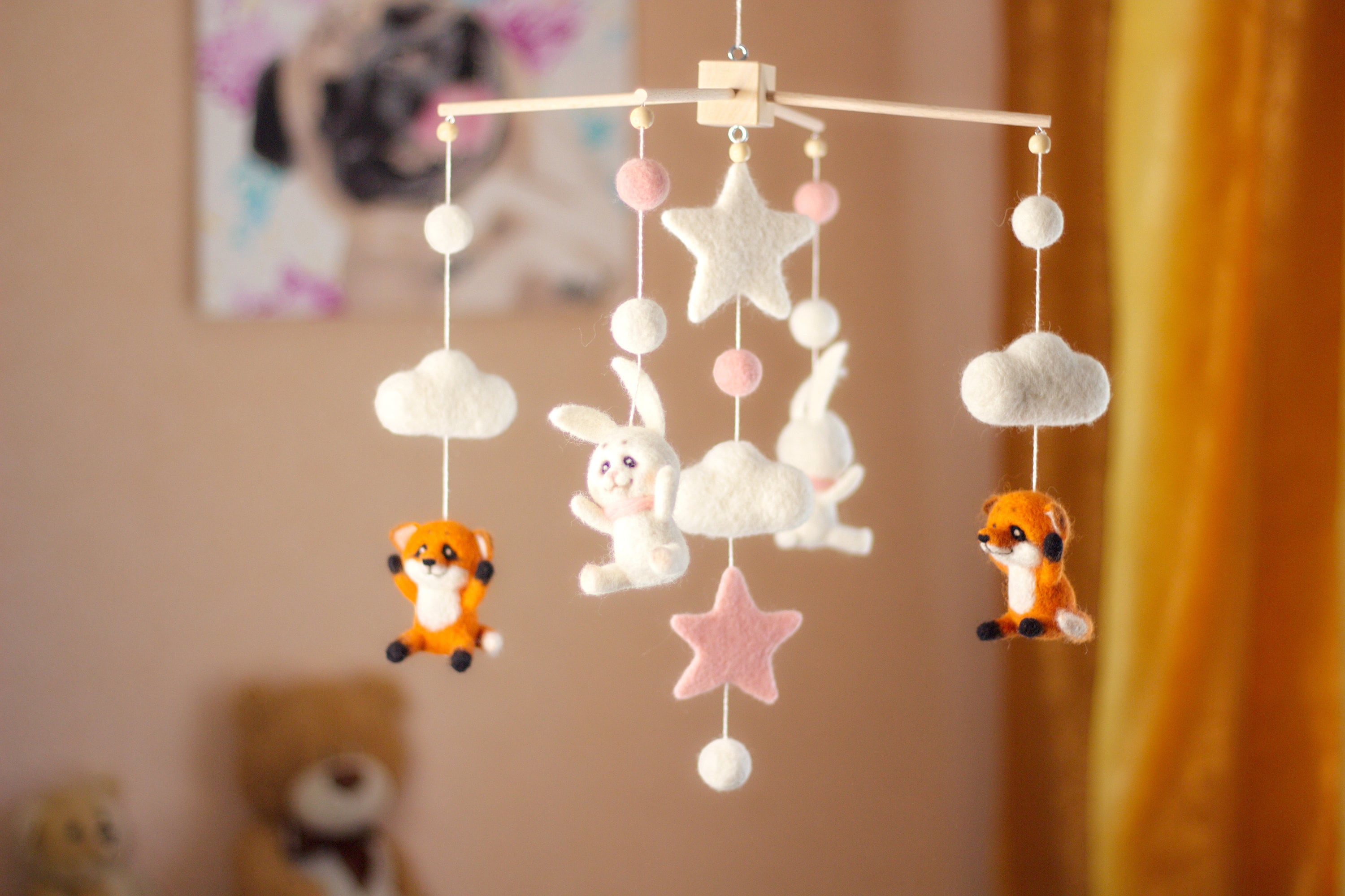Baby mobile. Nursery felting mobile with rabbits and foxes. | Etsy