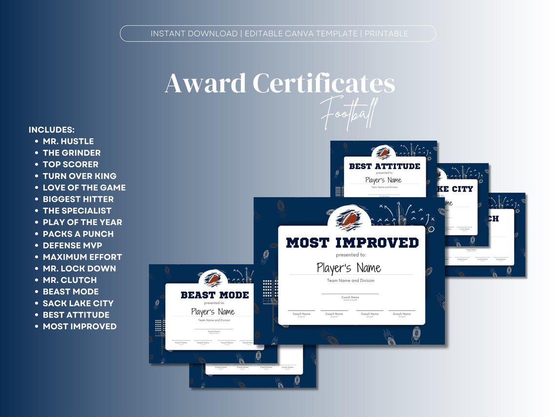 Football Award Certificates | Awards | Team Awards | Personalized ...