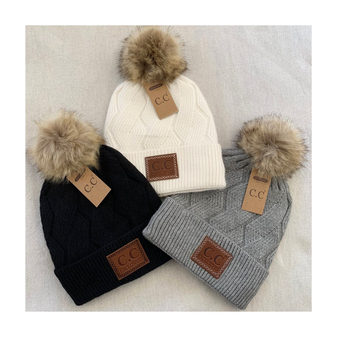 Genuine CC Big Twist POM Beanie With Fuzzy Lining Premium Winter Hats C ...
