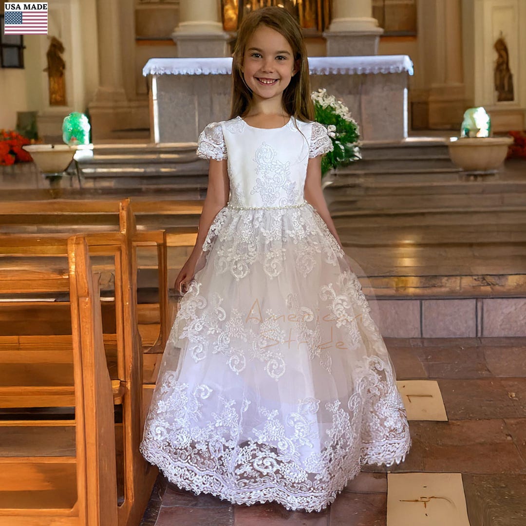 USA Made · white First Communion Dress: Cording Lace, 3D Flower and ...
