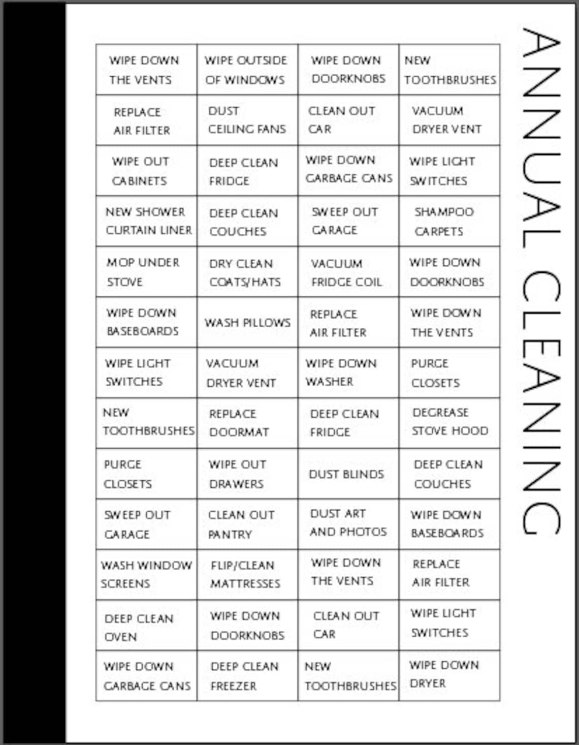 Printable Annual Cleaning Grid Checklist digital Download - Etsy
