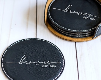 Monogrammed Leather Coaster Set, Personalized Engraved Gift, Customized ...