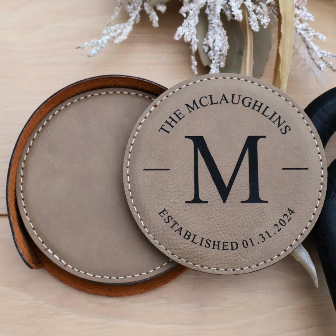 Monogrammed Leather Coaster Set, Personalized Engraved Gift, Customized ...