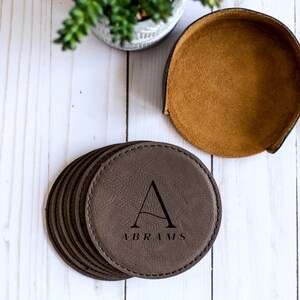 Monogrammed Leather Coaster Set, Personalized Engraved Gift, Customized ...