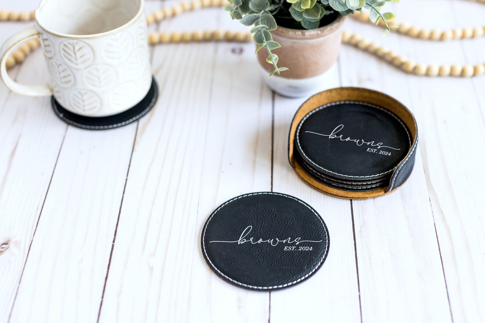 Monogrammed Leather Coaster Set Personalized Engraved Gift - Etsy