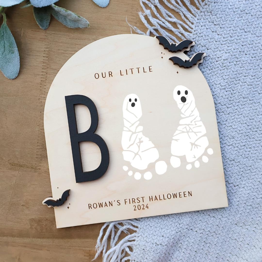 DIY Footprint Art, Baby's First Halloween, My Little Boo Sign, Wooden ...
