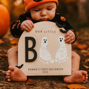 DIY Footprint Art, Baby's First Halloween, My Little Boo Sign, Wooden ...