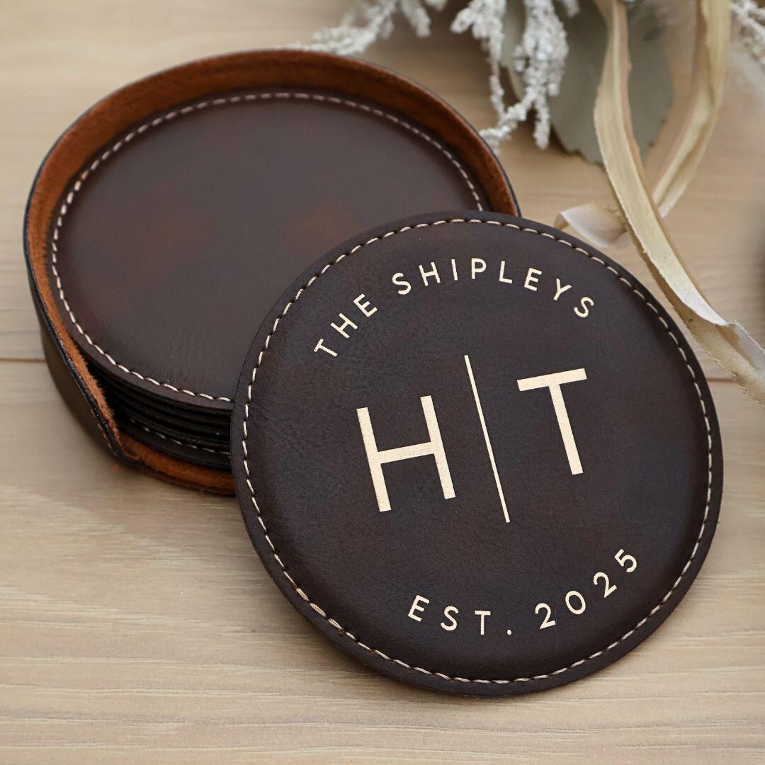 Monogrammed Engraved Coaster Set, Modern Coasters, Custom Round ...
