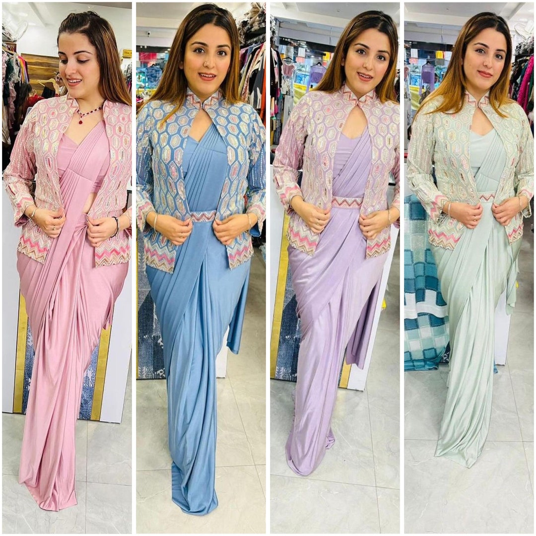 New Fancy Ready to Wear Saree With Sequence Embroidery Work Koti and ...