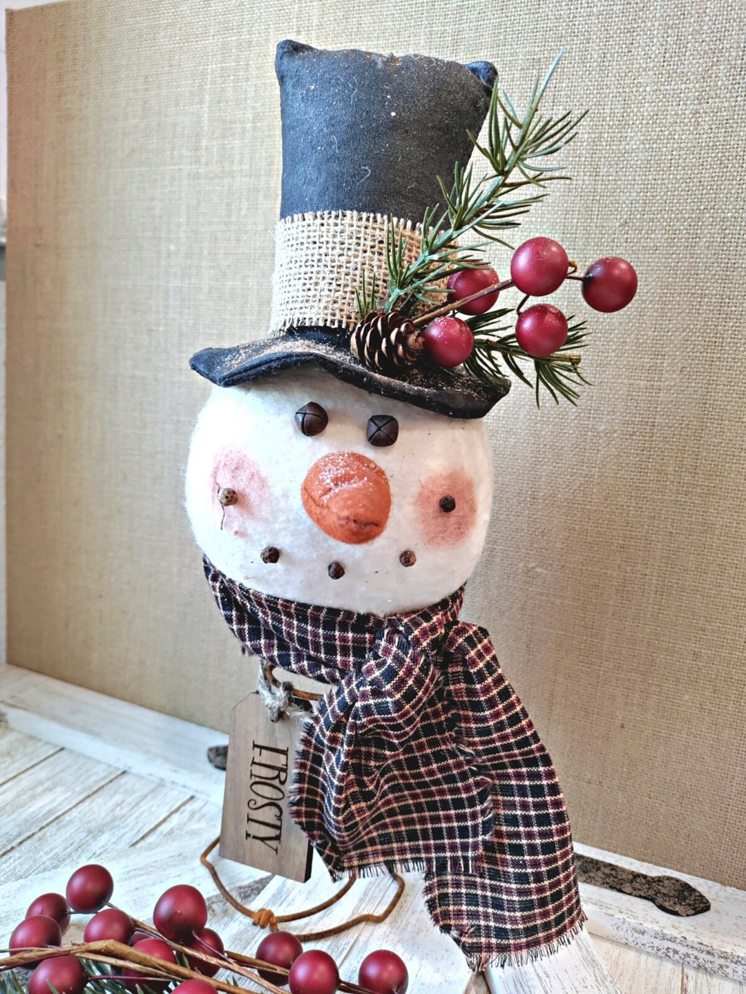 Primitive Snowman on Spring, Country Snowman, Christmas Decor, Handmade ...