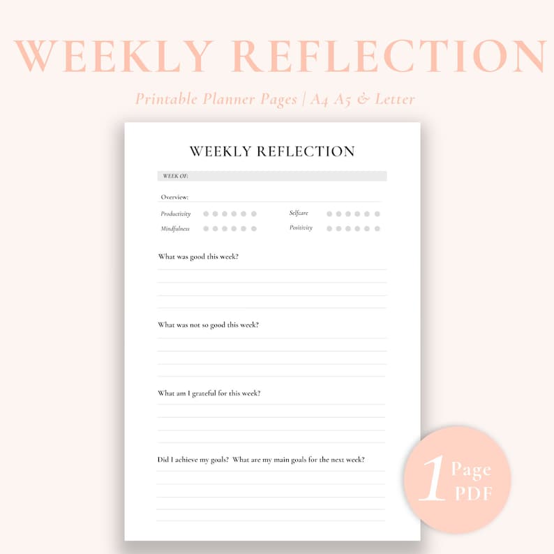 Weekly Reflection Worksheet Printable Planner Pages Life | Etsy