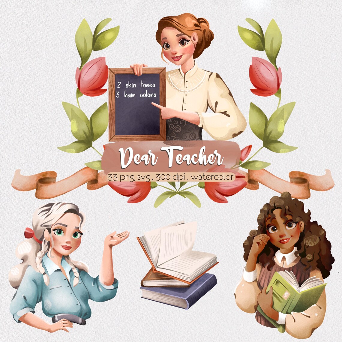 Teacher Watercolor Clipart Bundle Books PNG, Back to School Teaching ...