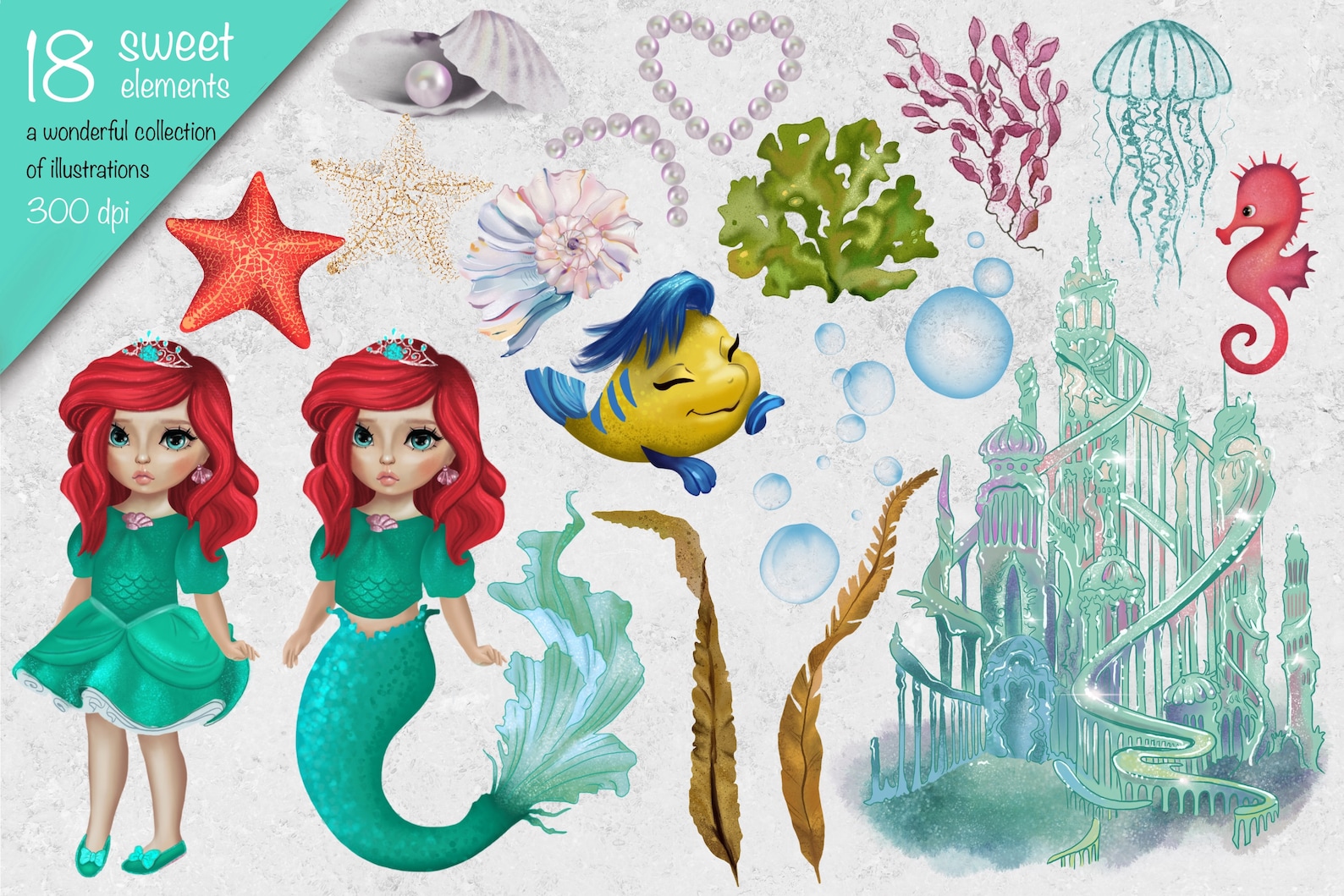 Mermaid Clipart Bundle, Little Mermaid Png, Ariel Png, Seashell Clipart ...