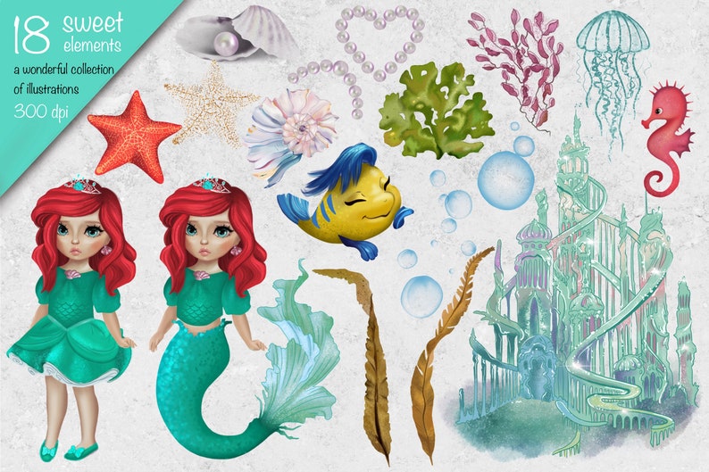 Mermaid Clipart Bundle, Little Mermaid Png, Ariel Png, Seashell Clipart ...