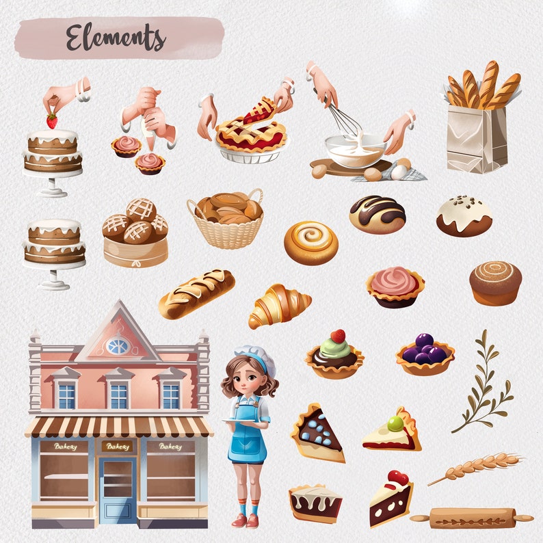 Bakery Clipart, Pastries PNG, Pie, Croissant, Cupcake, Baguette - Etsy
