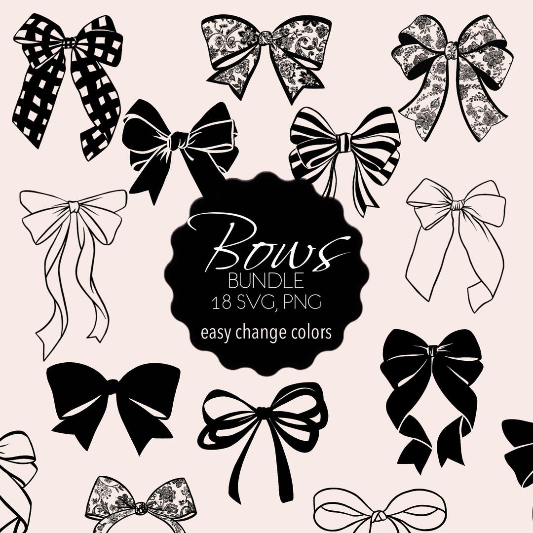 Ribbon Bow SVG Bundle, Lace Bow PNG Clipart, Coquette Bow Outline, Bow ...