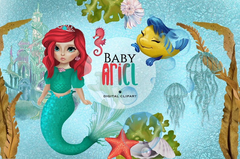 Mermaid Clipart Bundle, Little Mermaid Png, Ariel Png, Seashell Clipart ...