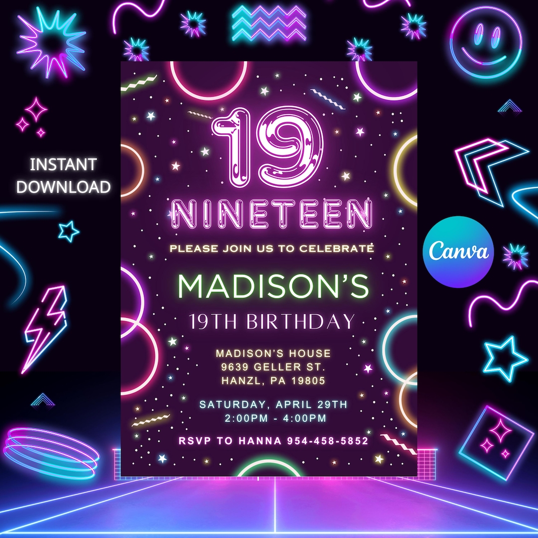 Glow Party Invitation, EDITABLE 19th Birthday Invitation, Blacklight ...