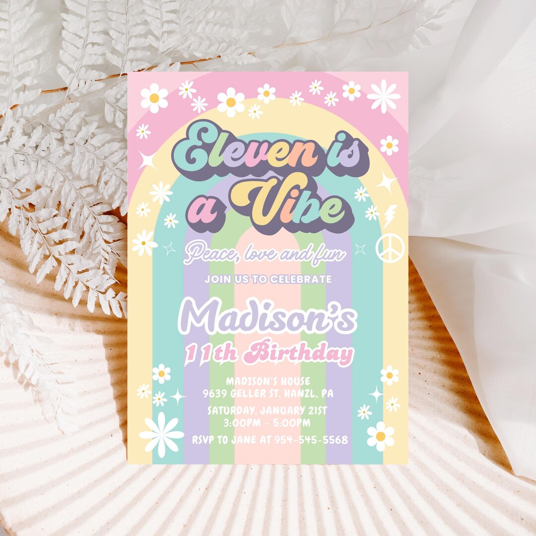 Editable Groovy 11th Birthday Invitation, Retro Daisy Rainbow Theme ...