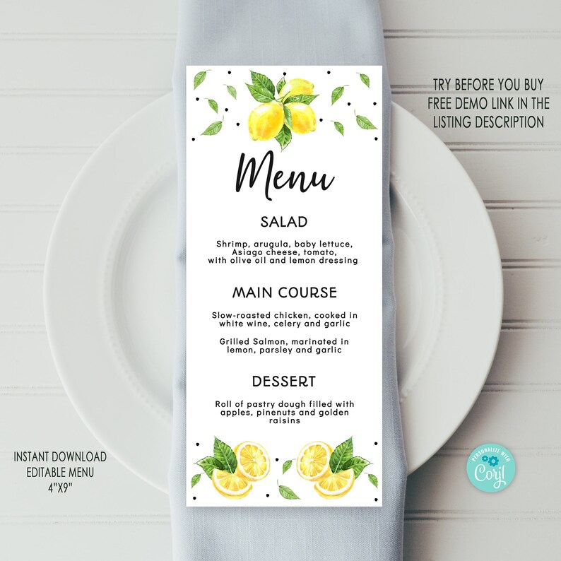 Lemon Menu Template EDITABLE Menu Lemon Printable Menu - Etsy