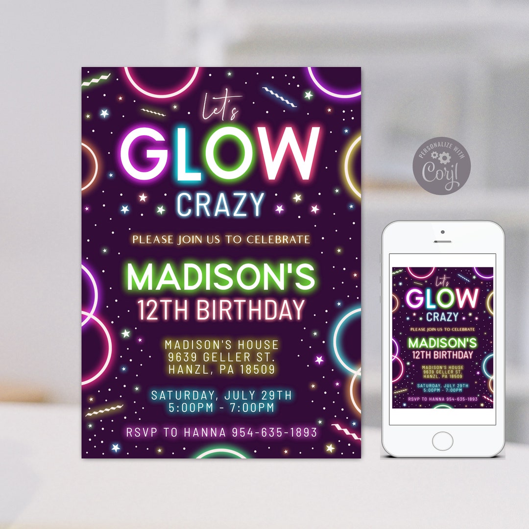Glow Party Invitation, EDITABLE Glow Party Birthday Invitation, Glow ...