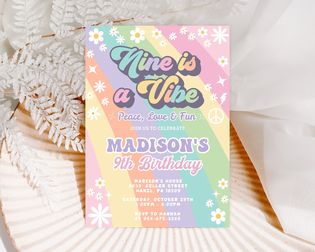 Groovy 9th Birthday Invitation, EDITABLE Nine is a Vibe Invitation ...