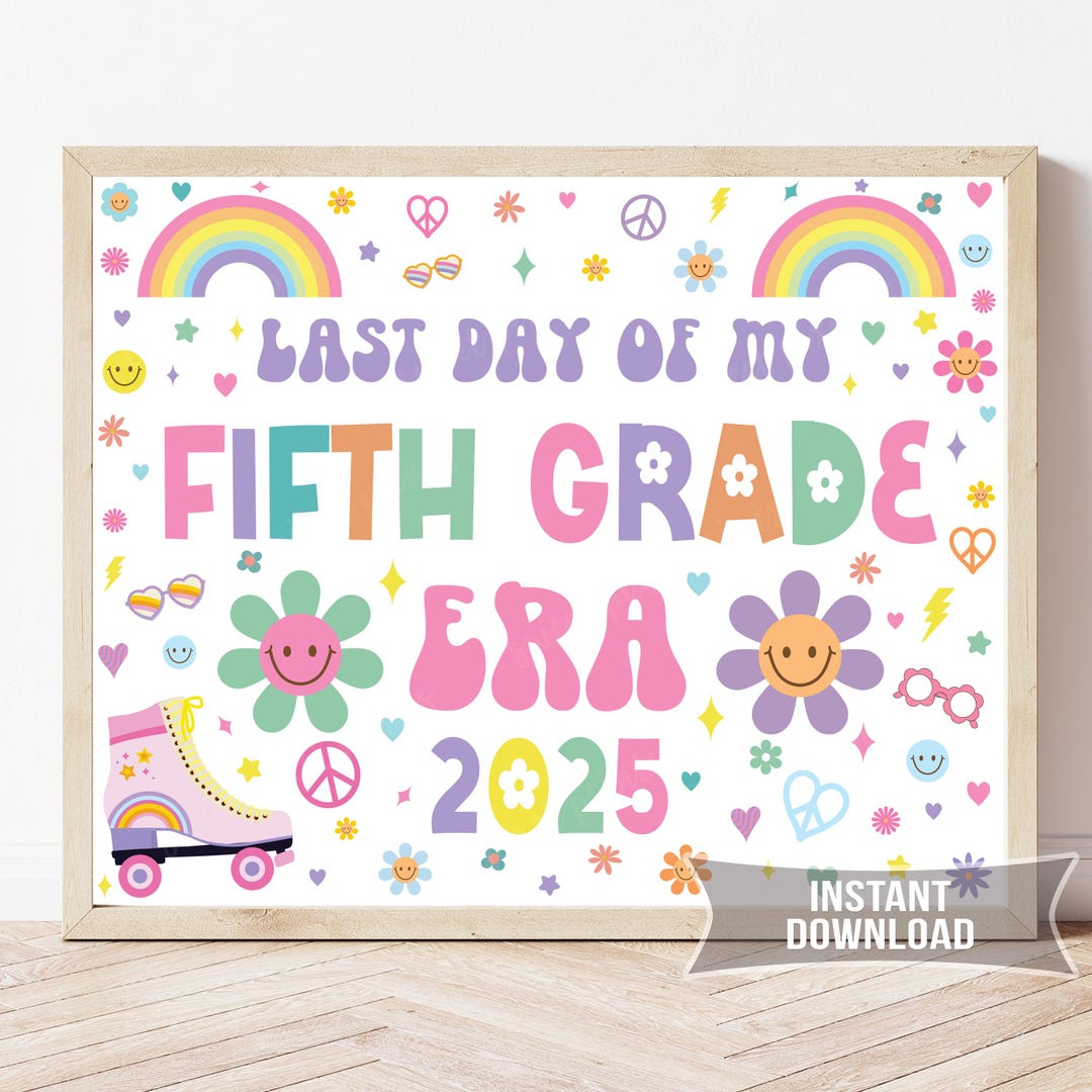 Last Day of 5th Grade Sign, Groovy Retro Boho Photo Prop, Fifth Grade ...