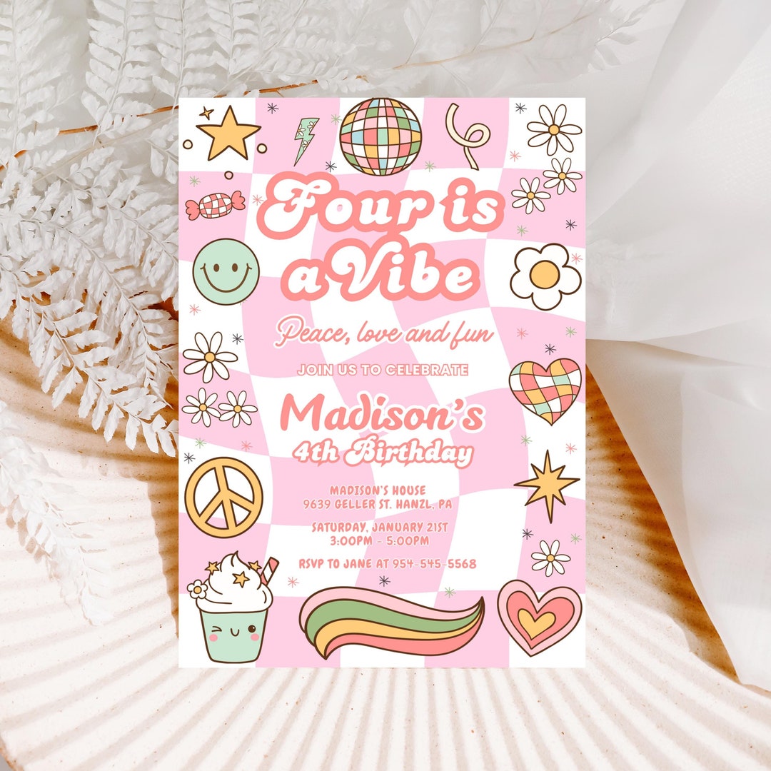 Editable Groovy 4th Birthday Invitation, Checkered Smiley Face and ...