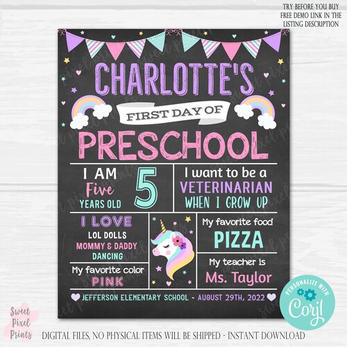Editable Pink First Day of School Chalkboard Sign Reusable - Etsy