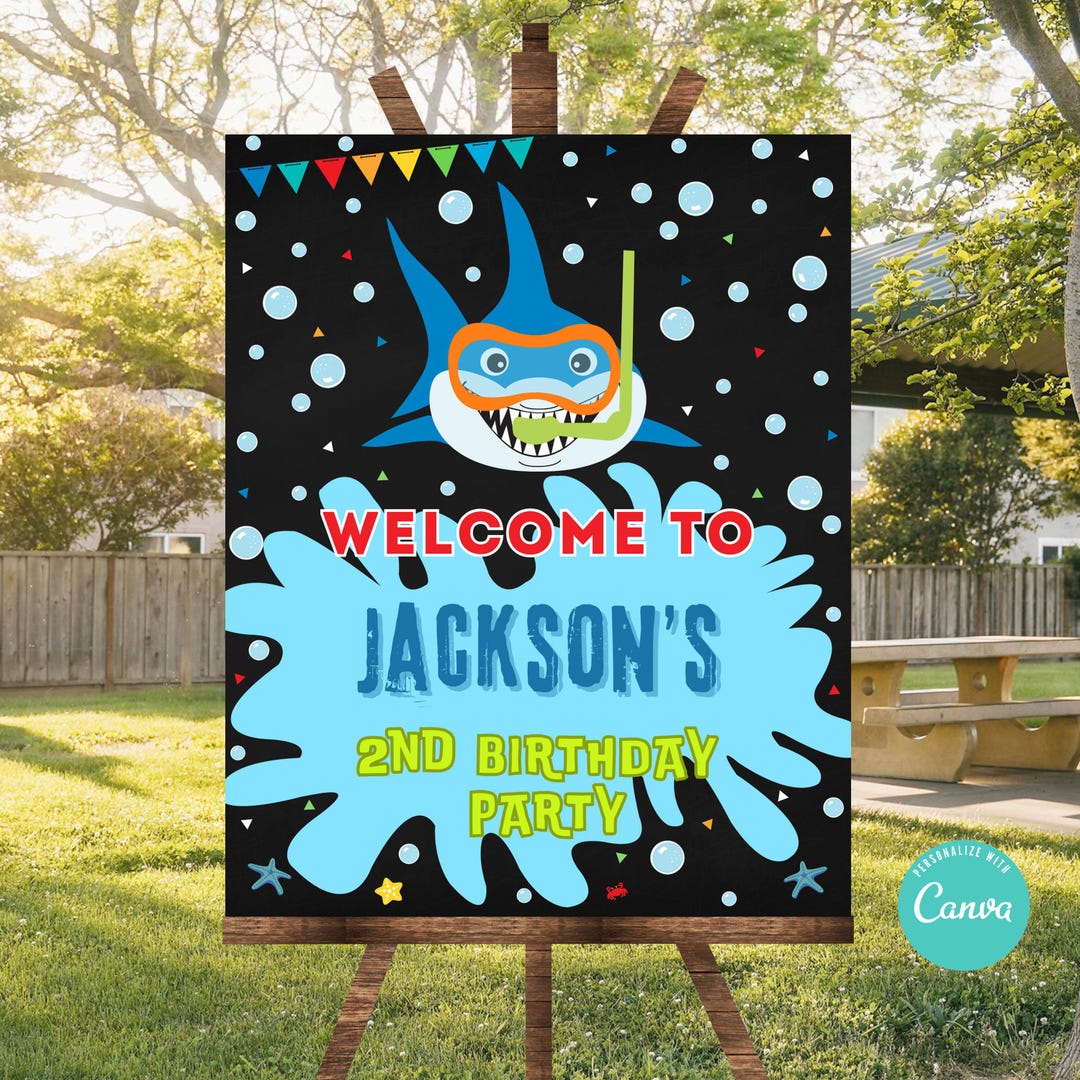 Shark Birthday Welcome Sign, Editable Shark Theme Party Sign, Summer ...