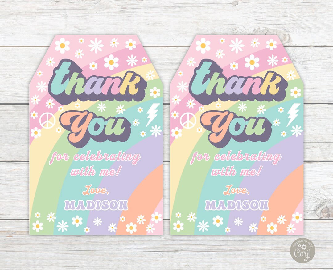 Daisy Favor Tags EDITABLE Groovy Birthday Favor Tags Rainbow Thank You ...