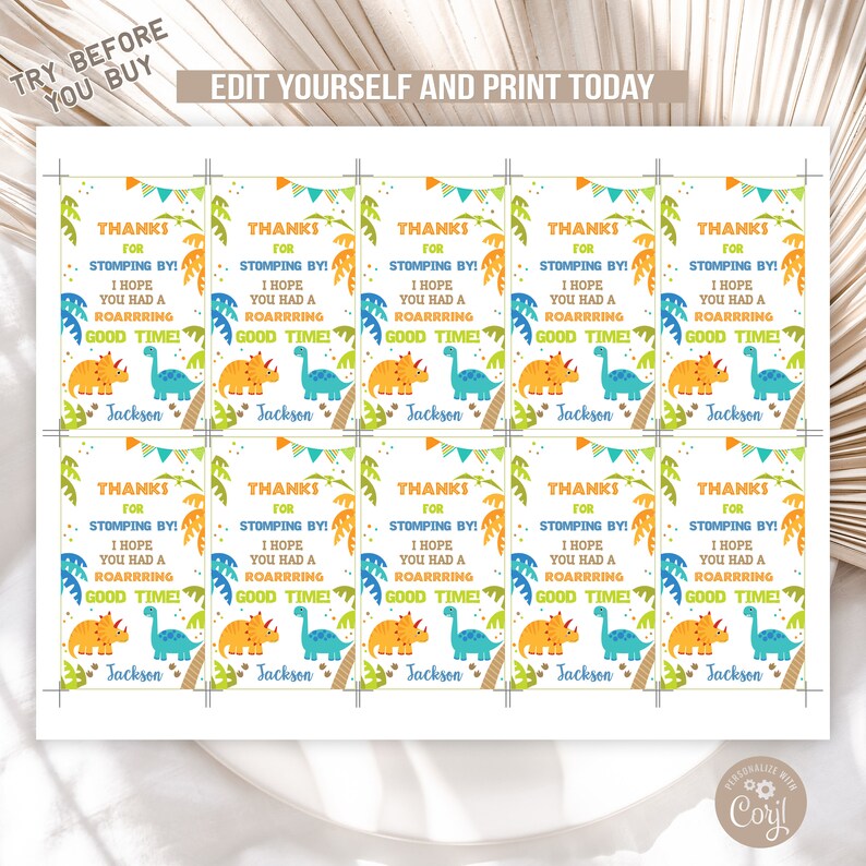 Dinosaur Favor Tags EDITABLE Dinosaur Thank You Tags - Etsy
