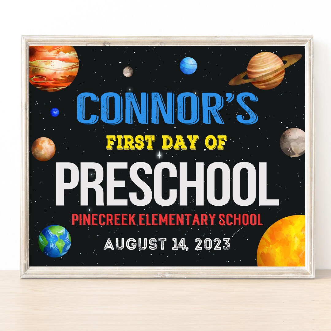 First Day of School Sign, Space First Day of Preschool Chalkboard ...