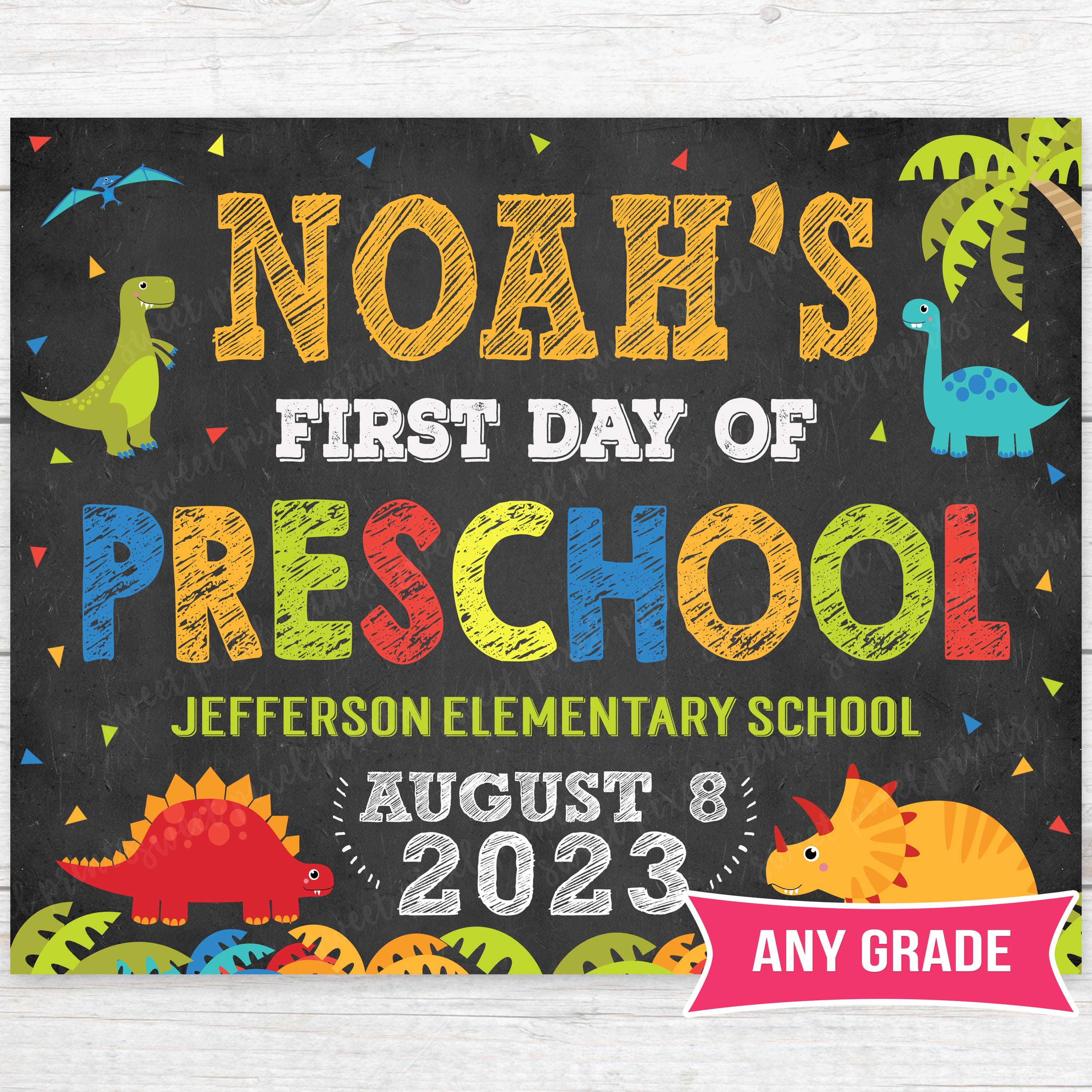 First Day of School Sign, Dinosaur First Day of Preschool Chalkboard ...