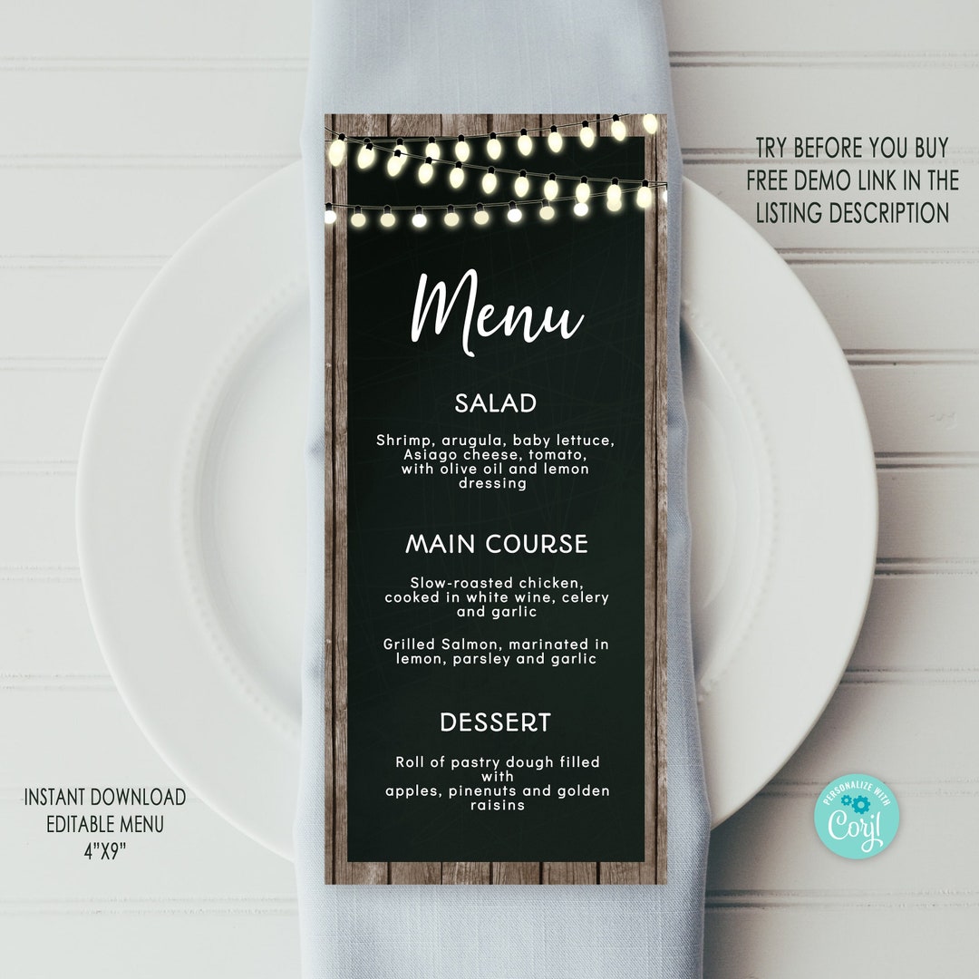 Rustic Menu Template, EDITABLE Menu, Rustic Printable Menu, Wedding ...