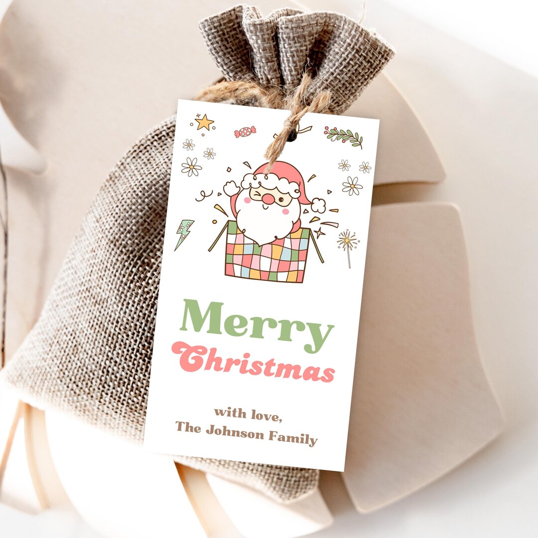 Editable Merry Christmas Gift Tag Printable, Groovy Hippie Holiday ...