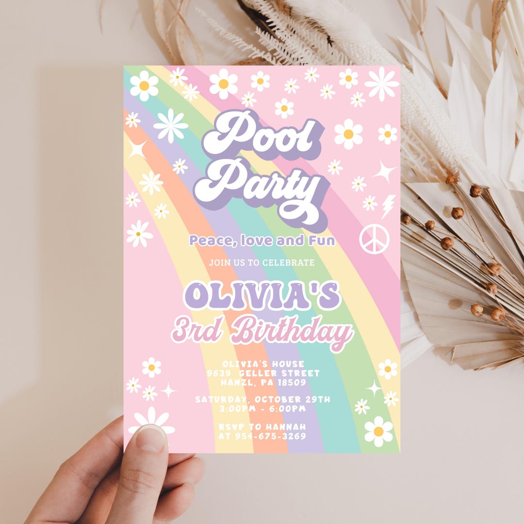 Groovy Birthday Invitation, EDITABLE Pool Party Birthday Invitation ...