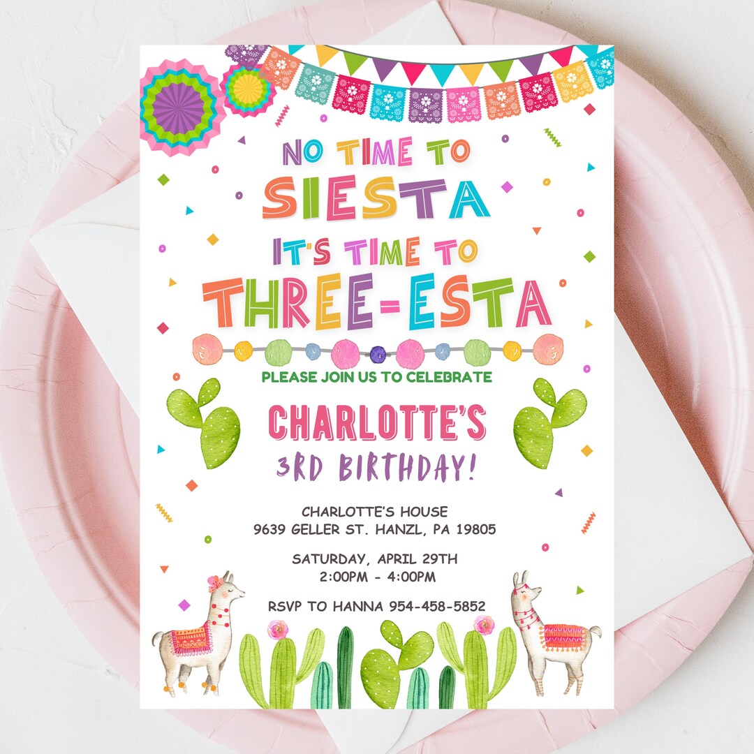 Three Esta Birthday Invitation, EDITABLE Fiesta Birthday Invite, No ...