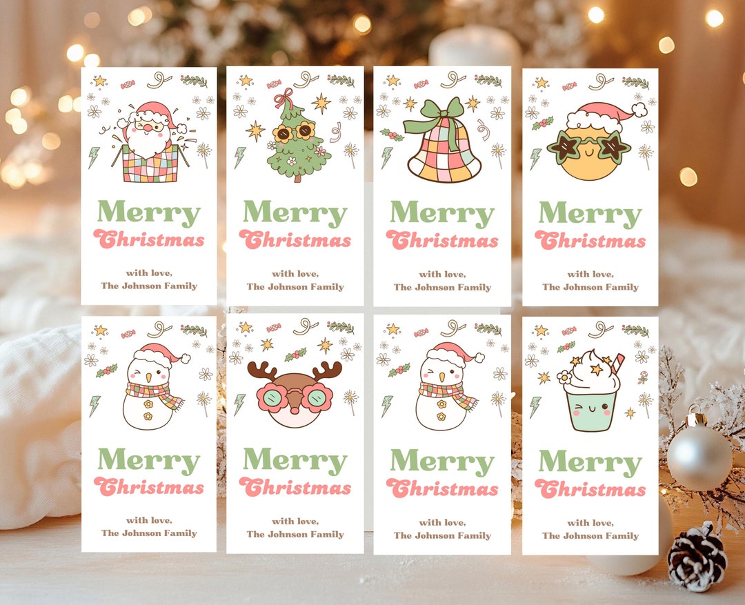 Editable Christmas Gift Tags, Groovy Holiday Tags Set, Merry Christmas ...