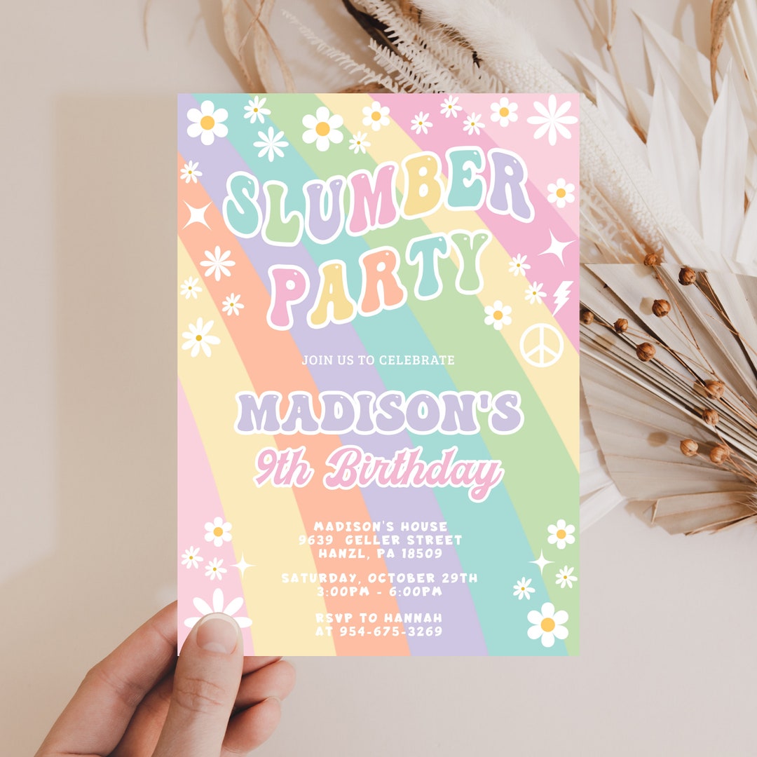 Groovy Birthday Invitation, EDITABLE Slumber Party Birthday Invitation ...