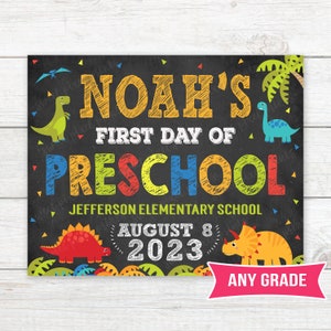 First Day of School Sign, Dinosaur First Day of Preschool Chalkboard ...